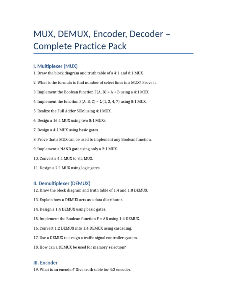 MUX DEMUX Encoder Decoder Practice Questions | PDF | Electronics | Electrical Circuits