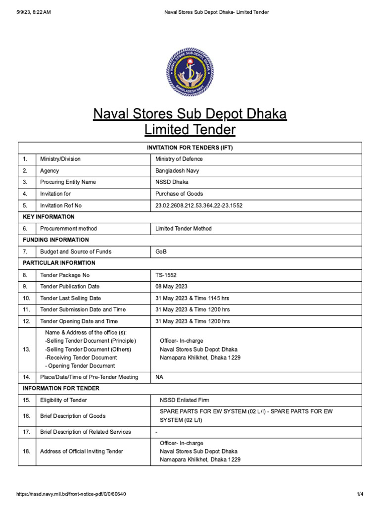 Naval Stores Sub Depot Dhaka - Limited Tender | PDF