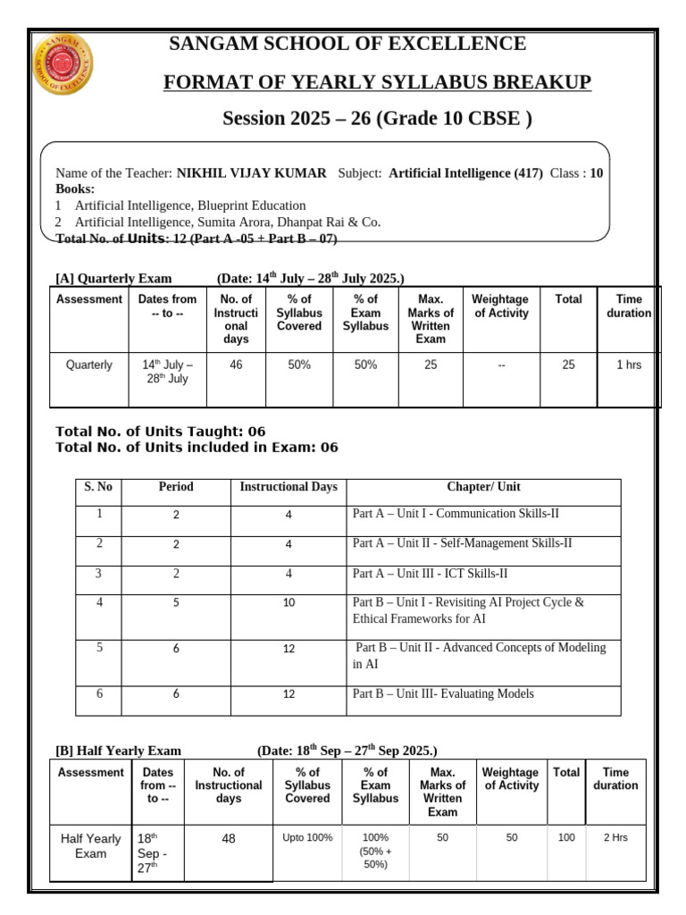 10 (AI-417) CBSE Syllabus Breakup 2025-26 | PDF | Learning | Intelligence