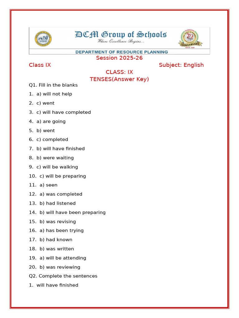 Class IX English Tenses Answer Key | PDF | Chess Theory | Chess