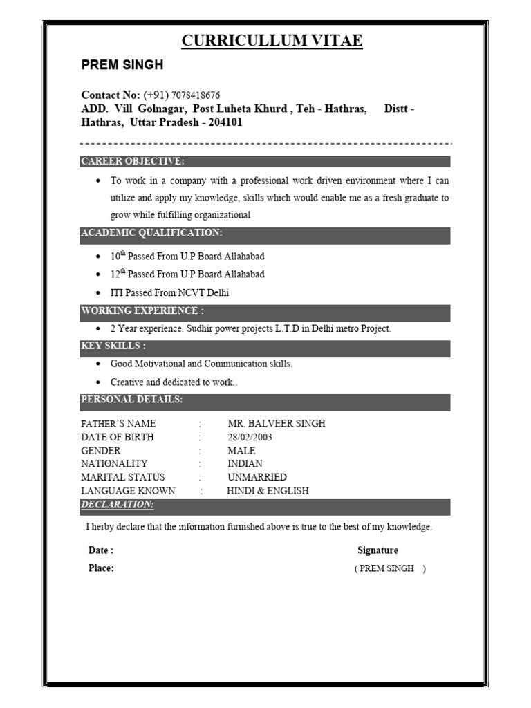 Curricullum Vitae: Prem Singh | PDF