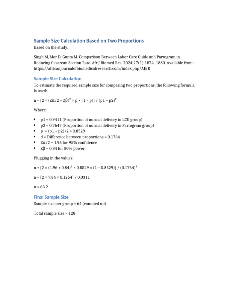 Sample Size Calculation Two Proportions | PDF