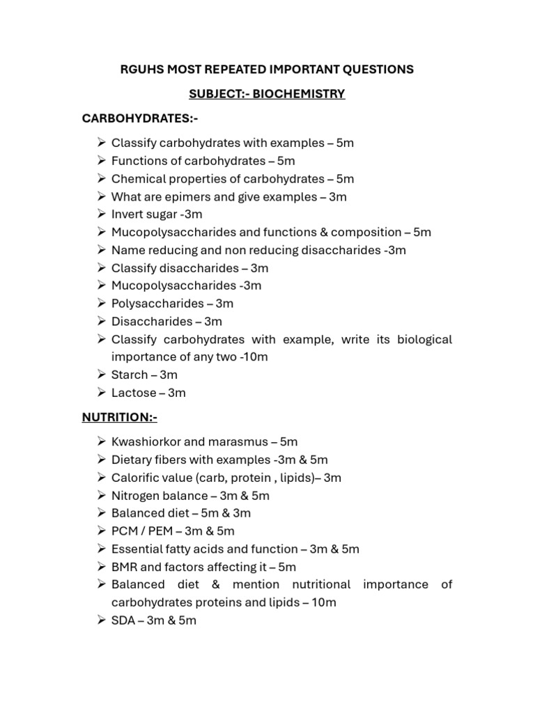 Biochemistry Important Questions | PDF | Diabetes | Proteins