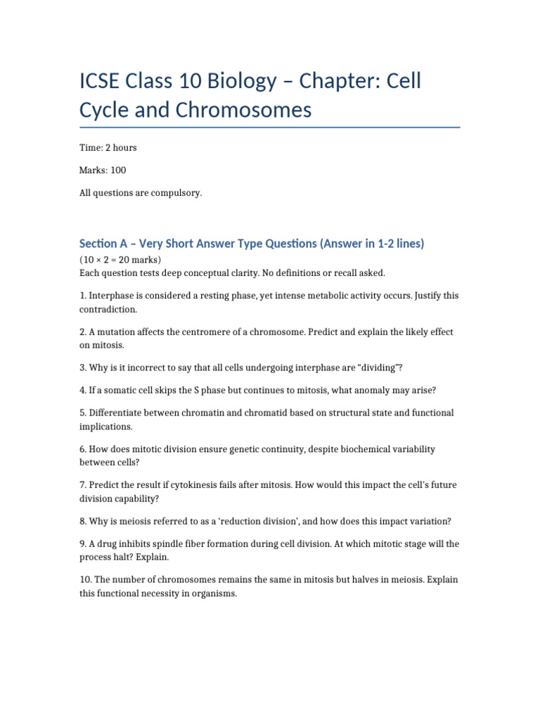 Cell Cycle and Chromosomes Question Paper | PDF | Mitosis | Meiosis