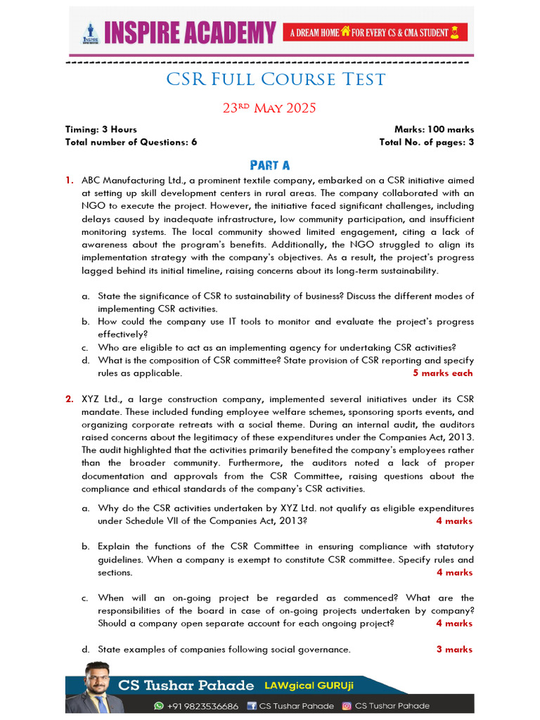 CSR Full Course Test - 23 May 2025 - CS Tushar Pahade | PDF | Corporate ...