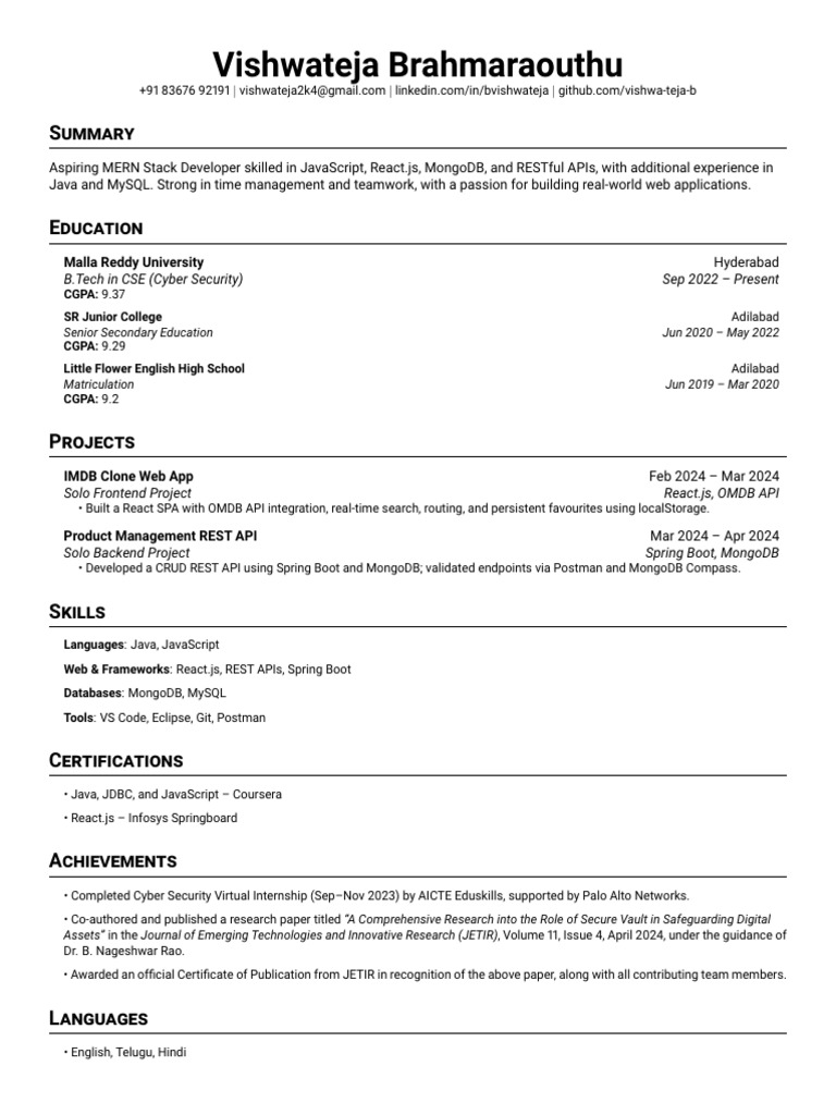 Vishwa Resume Updated New-1 | PDF | Web Development | Computing