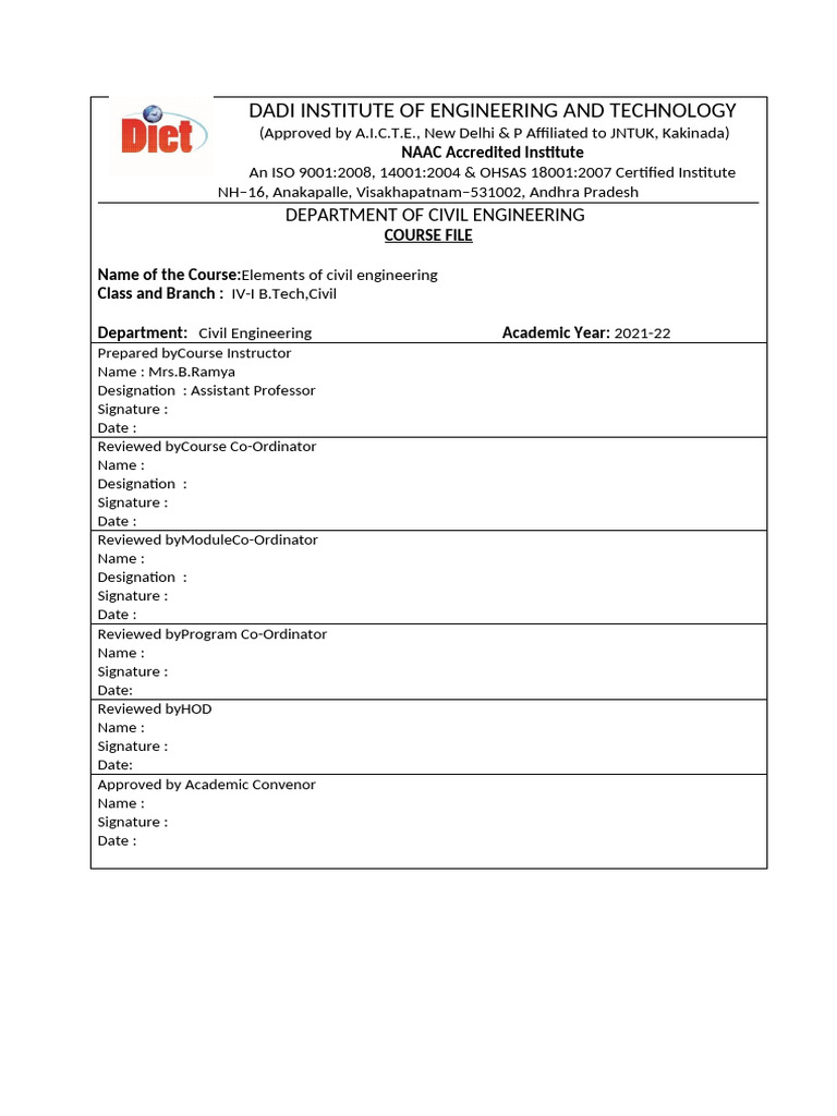 Course File IV-I CIVIL Elements of Civil Engg. - 347 | PDF | Surveying ...