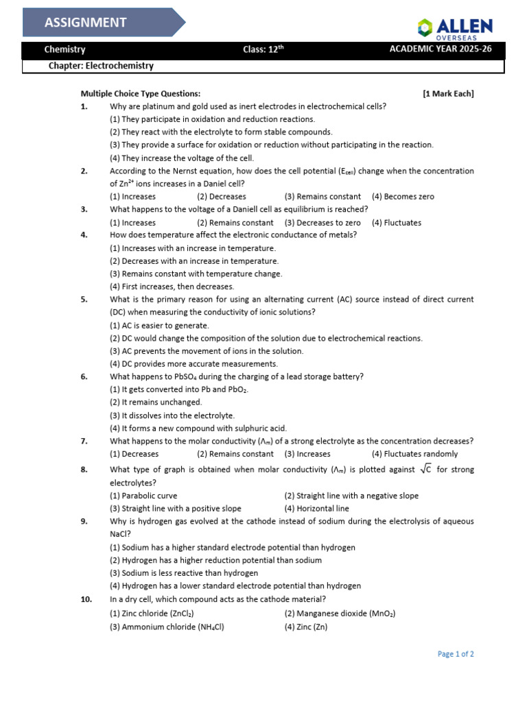 03 Assignment Class 12 Electrochemistry Final | PDF | Electrochemistry ...