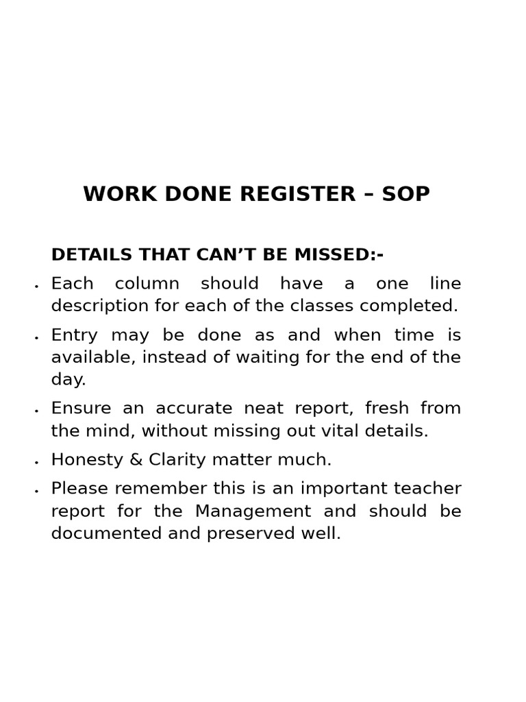 Teacher Work Done Register SOP | PDF