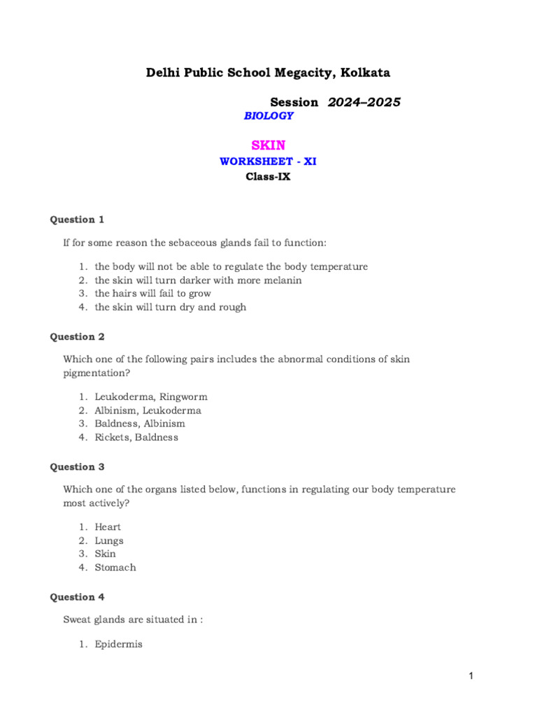 Skin Anatomy Worksheet for Class IX | PDF | Skin | Anatomy