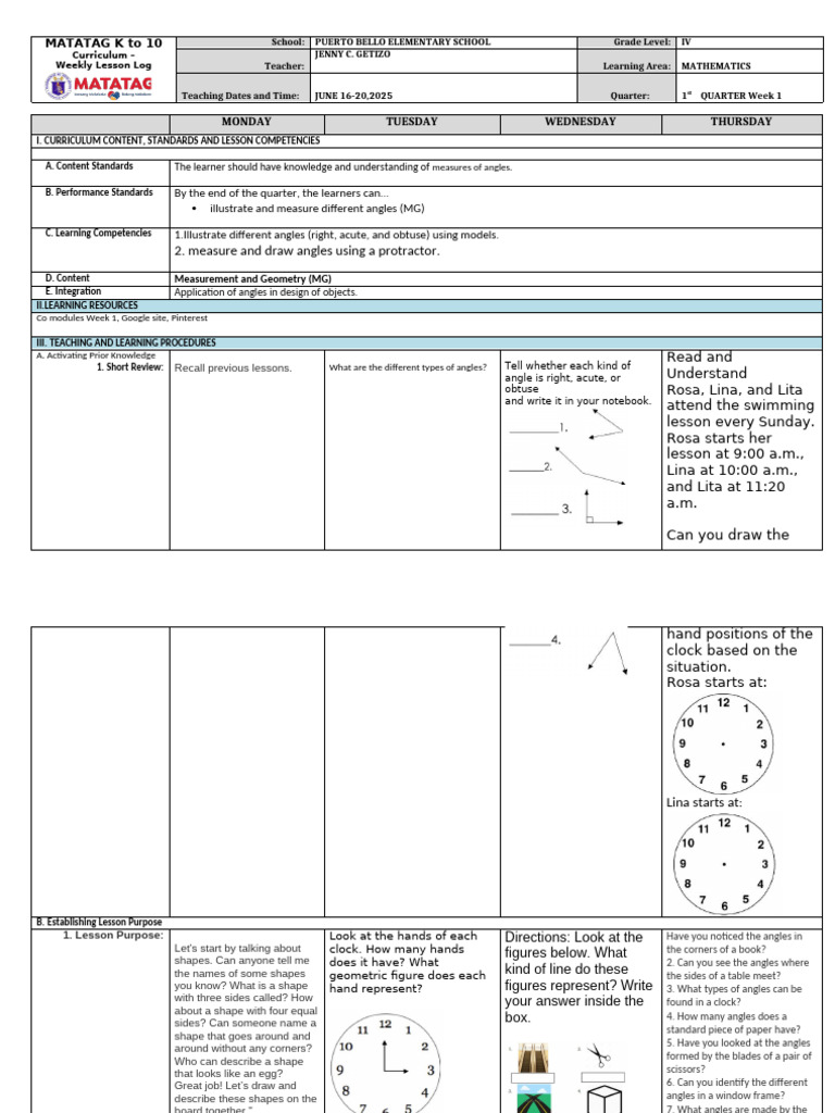 DLL - Mathematics 4 - q1 w1 Final | PDF | Angle | Line (Geometry)