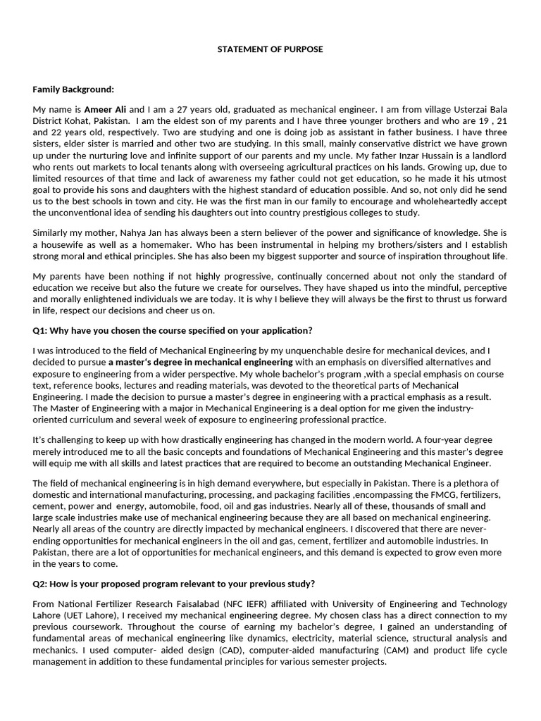 Ameer Ali Statement of Purpose Visa | PDF | Cost Of Living | Engineering
