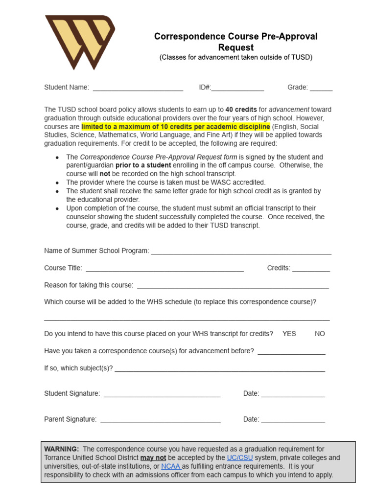 Correspondence Course Pre-Approval Request Form (Summer Classes For ...