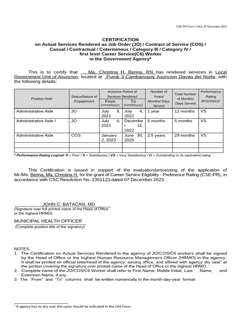 CSE-PR Form 1 CAS Certification | PDF