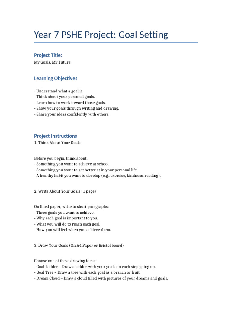 Year 7 PSHE Goal Setting Project | PDF