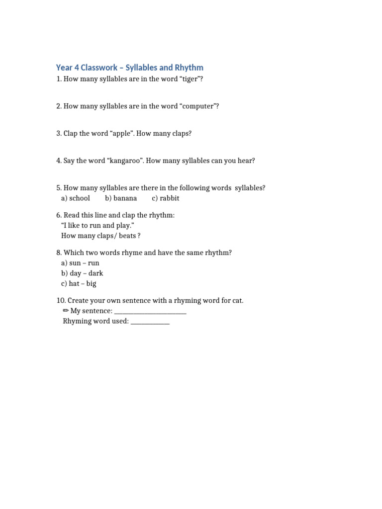 Year 4 Syllables and Rhythm Classwork | PDF