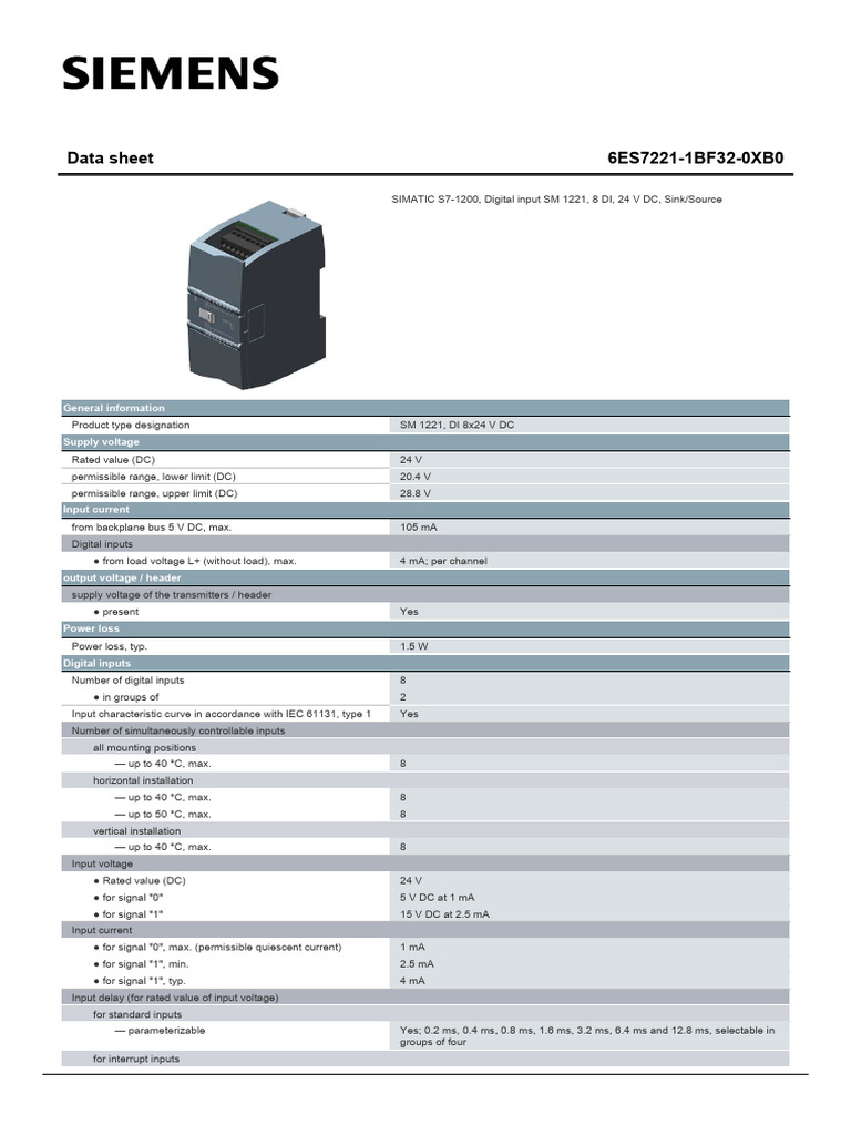 SM 1221 Digital Input Module Data Sheet | PDF | Electrical Engineering ...