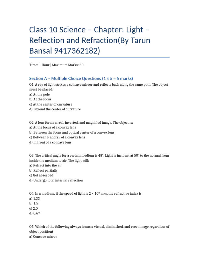 Class 10 Light Test Paper | PDF | Mirror | Reflection (Physics)