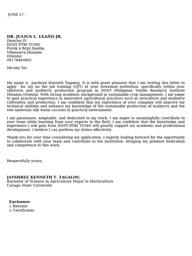 OJT Application Letter in Tagalog | PDF