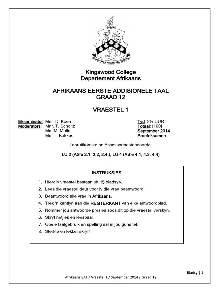 Graad 12 Vraestel 1 September 2014 Finaal | PDF