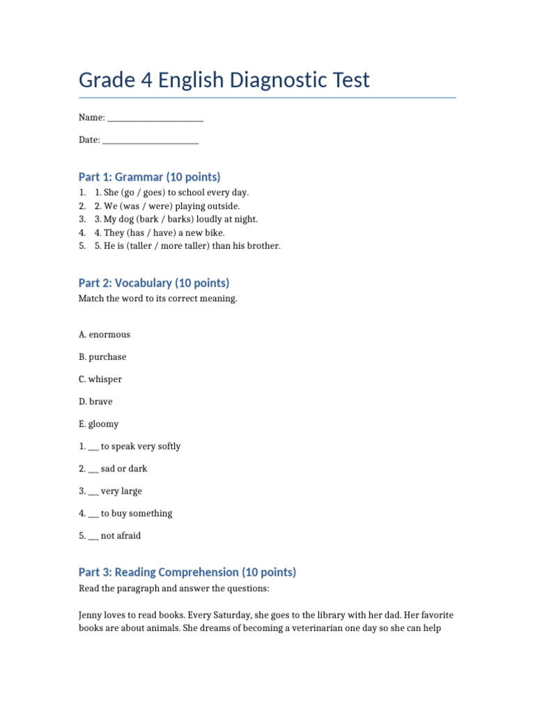 Grade 4 English Diagnostic Test | PDF