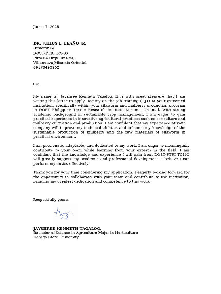 FINAL FILES Tagalog Jayshree-Kenneth Application-Letter1 | PDF