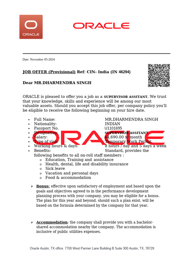 Oracle Job Offer for Supervisor Assistant | PDF | Employment | Oracle ...