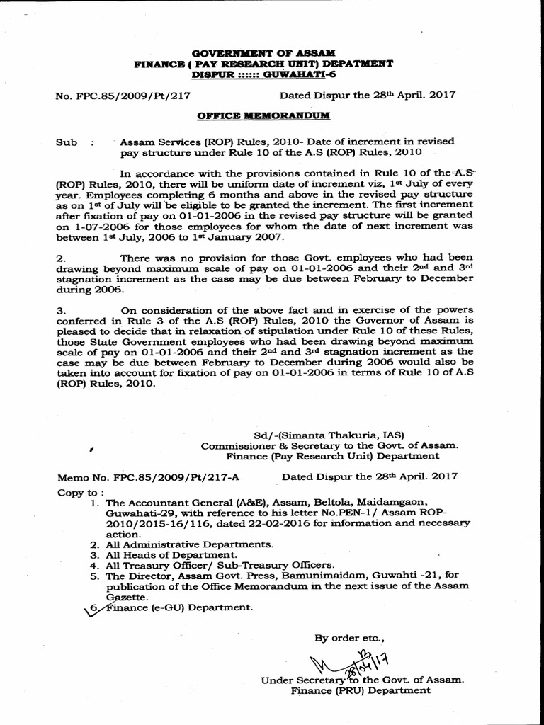 Assam Services (ROP) Rules, 2010-Date of Increment in Revised Pay Structure Under Rule 10 of The ...