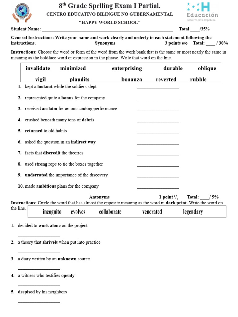 8th Grade Spelling Exam I Partial | PDF