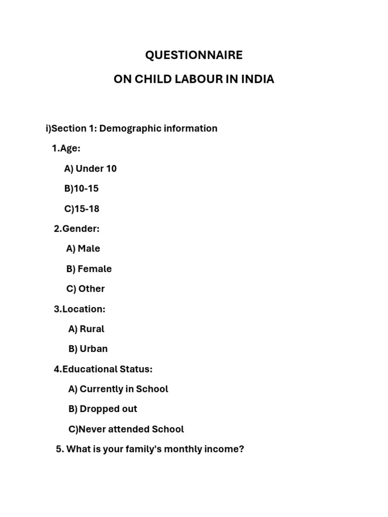 Questionnaire On Child Labour in India | PDF