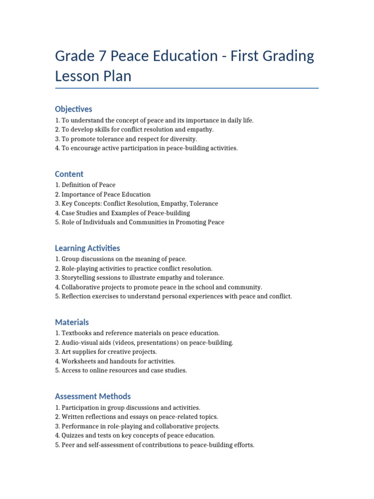 Grade 7 Peace Education Lesson Plan | PDF