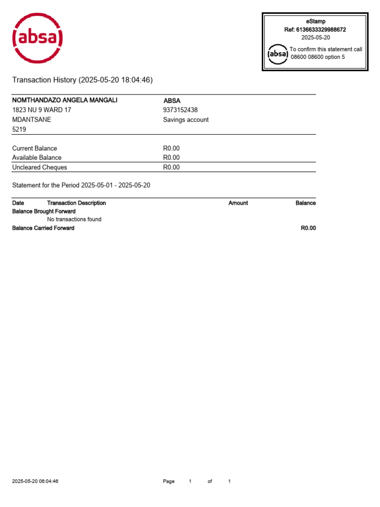 Absa NOMTHANDAZO ANGELA MANGALI - 2025-05-01 - 2025-05-20 - Stamped | PDF