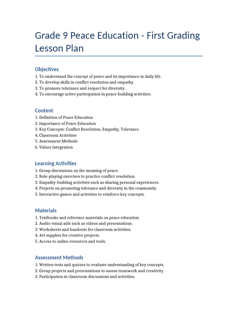 Grade 9 Peace Education First Grading Lesson Plan | PDF
