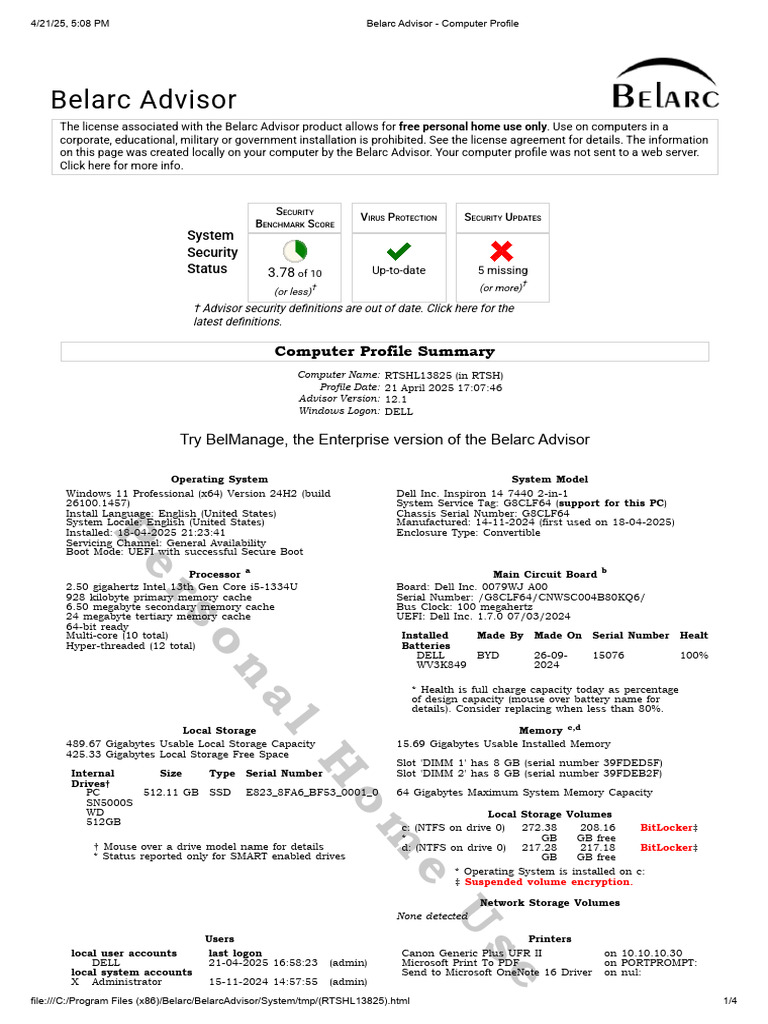 Belarc Advisor - Computer Profile | PDF | Microsoft Windows | I Pv6