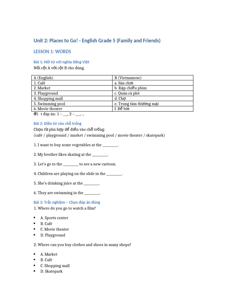Grade 5 English Unit 2: Places to Go | PDF