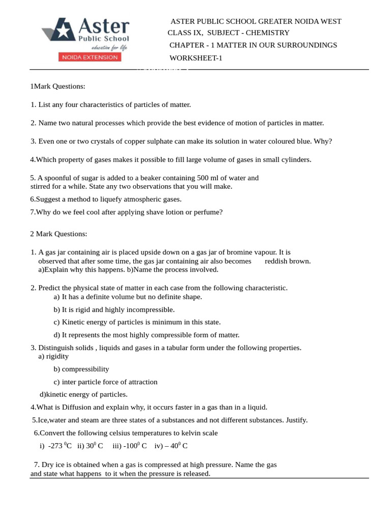 Class Ix CH-1 Worksheet 1 | PDF | Gases | Water