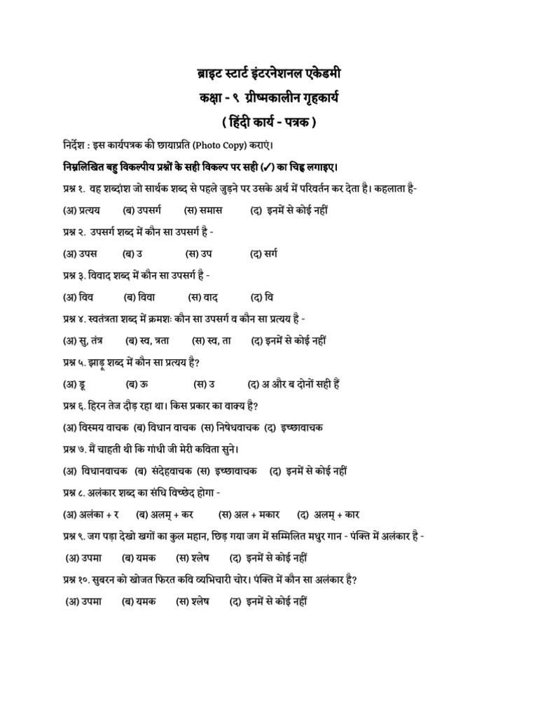 Class 9 Hindi Worksheet Holiday Homework | PDF