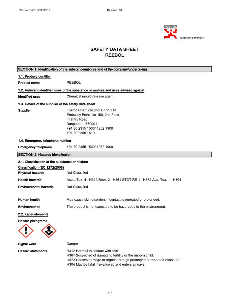 Fosroc Reebol Shuttering Oil SDS | PDF | Dangerous Goods | Toxicity