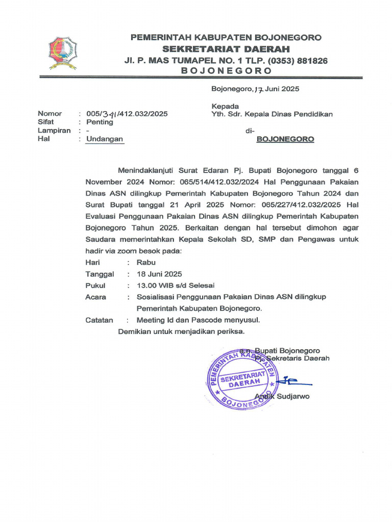 Undangan Zoom Dinas Pendidikan Sosialisasi PDH | PDF