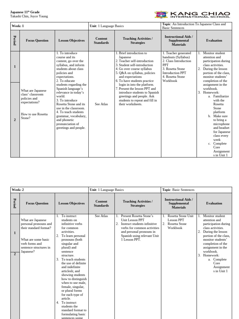 2020-2021 Japanese 11 Lesson Plans | PDF | Grammatical Number | Plural