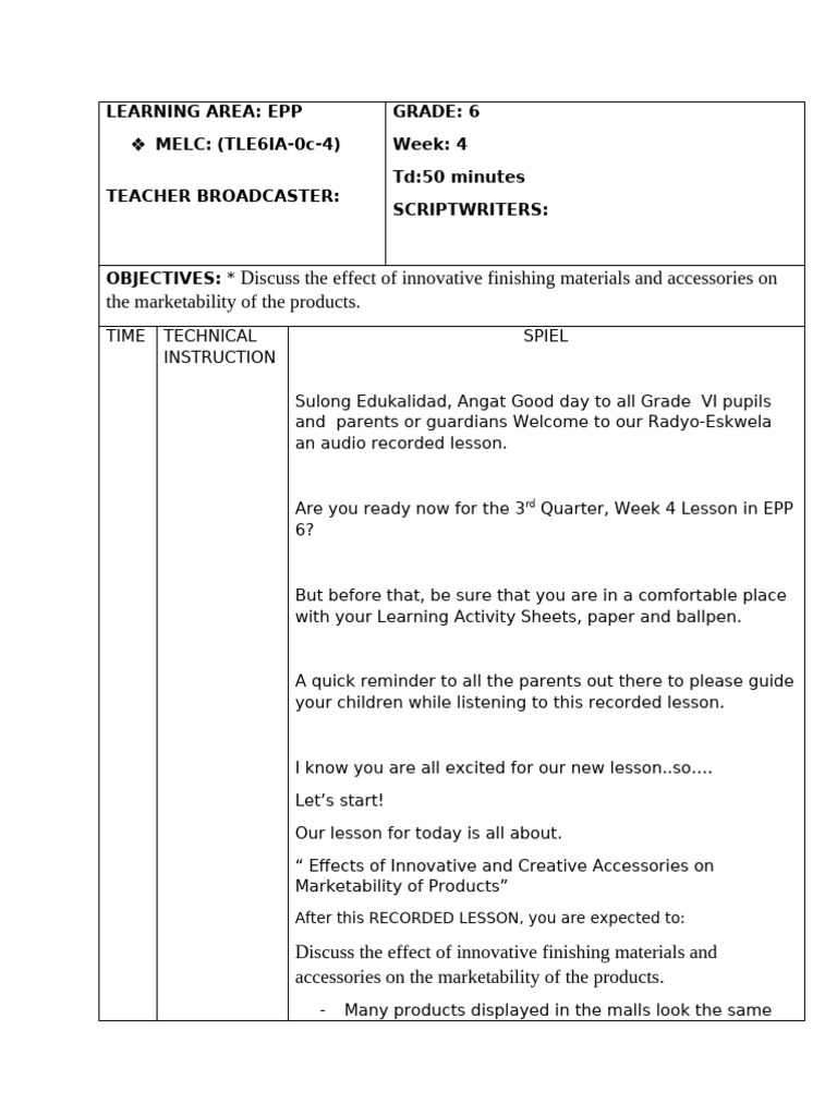 Script For Epp 6 Week 4 | PDF | Paint | Varnish