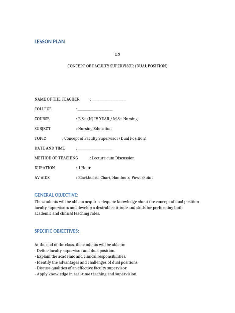 Faculty Supervisor Dual Role Lesson Plan | PDF | Lesson Plan | Lecture