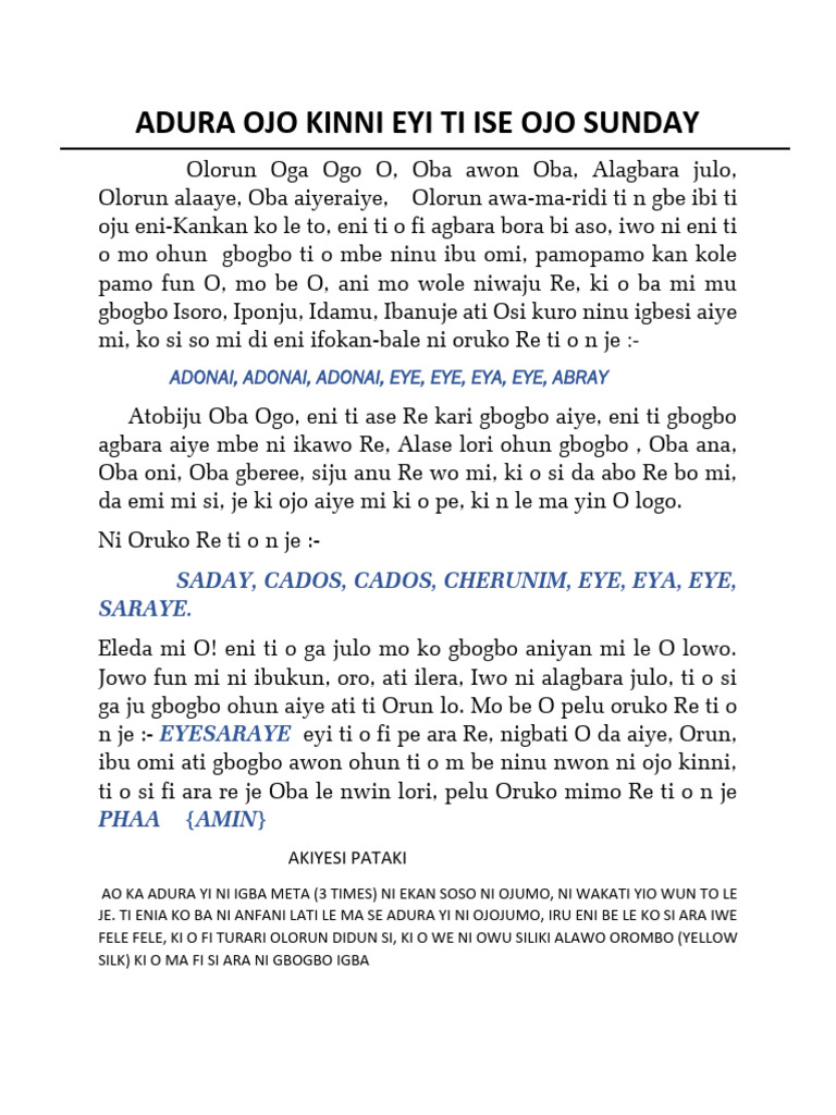 Adura Ojo Kinni Eyi Ti Ise Ojo Sunday | PDF