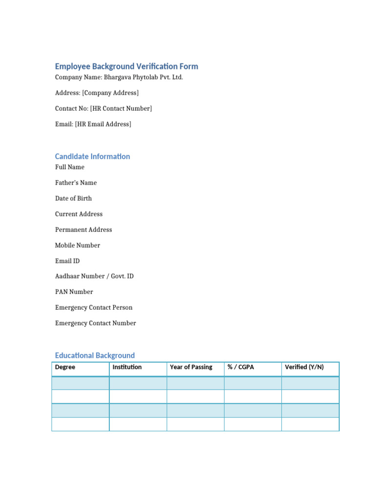 Employee Background Verification Form | PDF