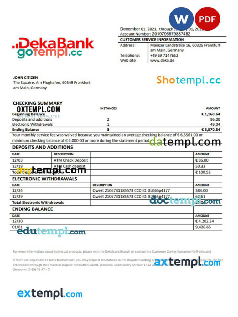 Doctempl - Germany Dekabank Bank Statement Template Word and PDF | PDF