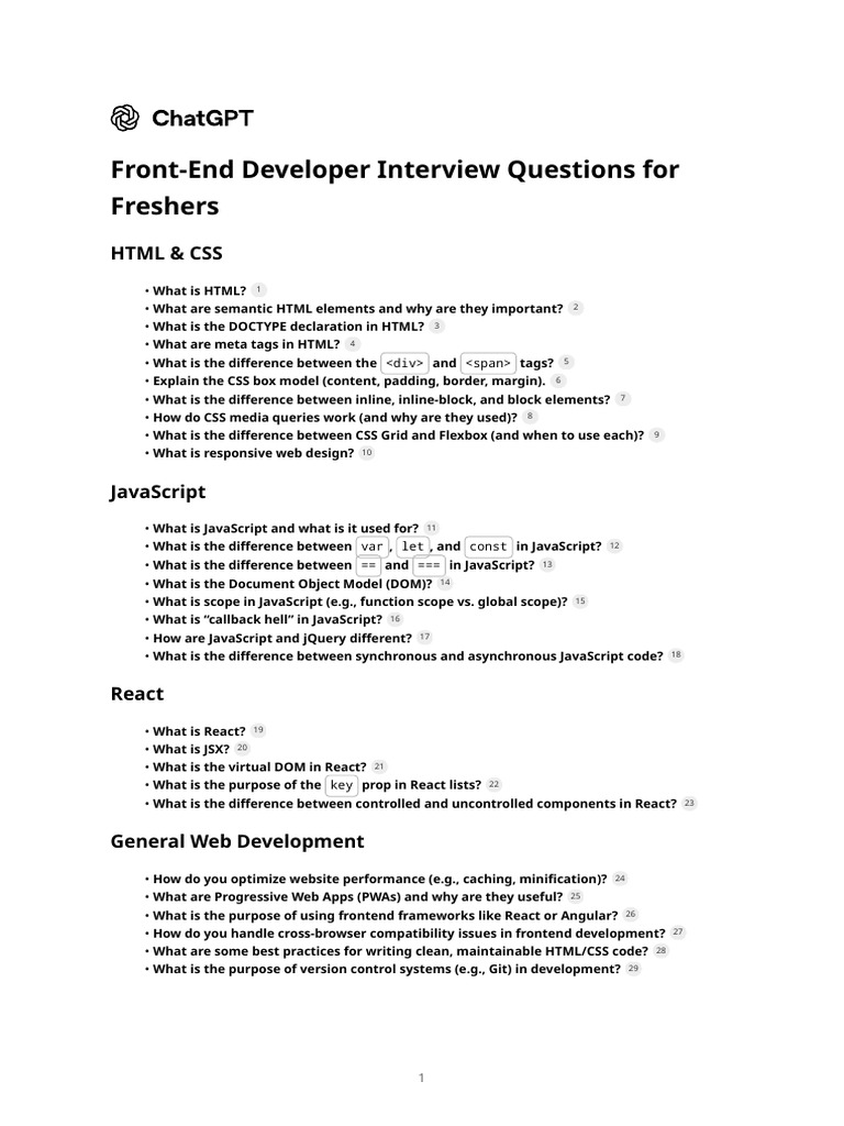 Front-End Developer Interview Questions For Freshers | PDF | Html | Java Script