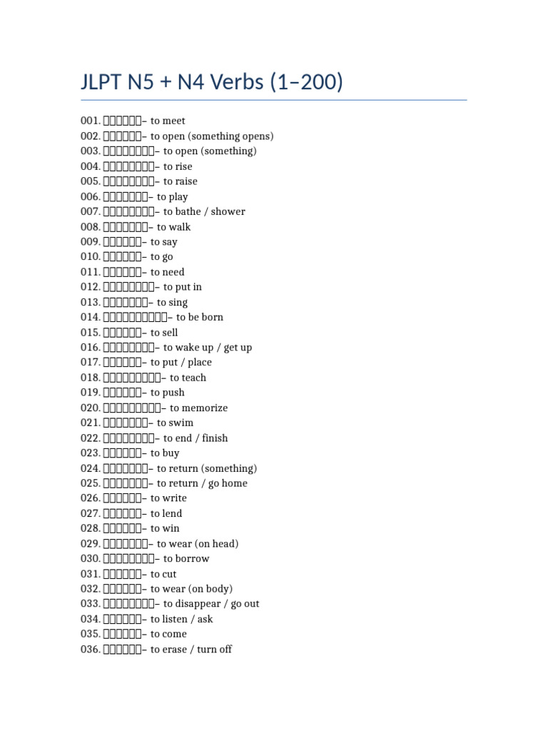 JLPT N5 N4 All 200 Verbs | PDF