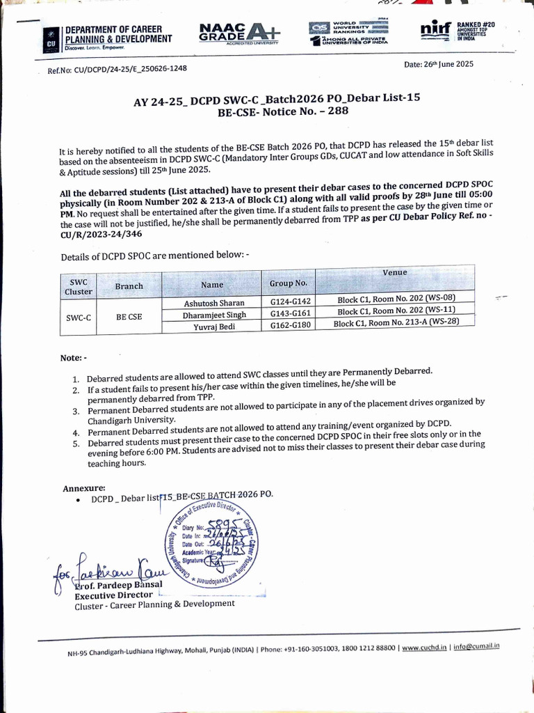 Notice - DCPD SWC-C Batch 2026 Po Debar List-15 Be-Cse | PDF