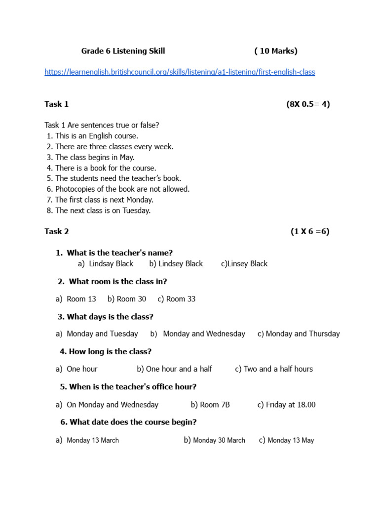 Grade 6 Listening Skill - SUA | PDF