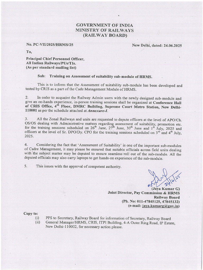 Training On Assessment of Suitability - Letter To Railways DT 24-06 ...
